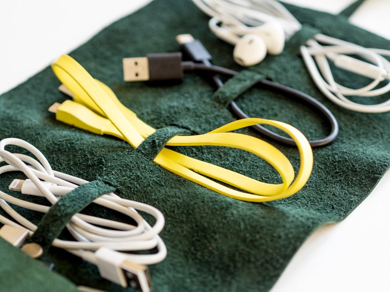 Leather Cable Organizer Travel Charger Roll Tech Cord Case - Etsy