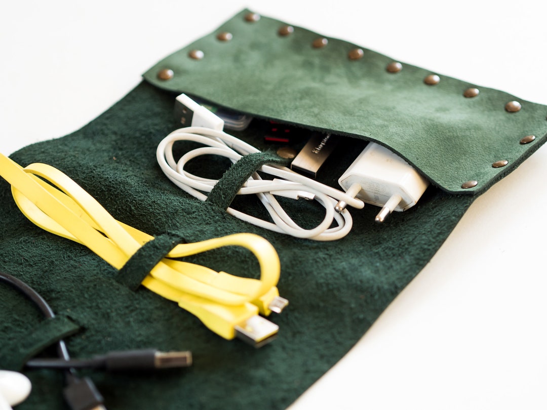 Leather Travel Cable Roll, Cord Organizer, Portable Charger Case, Tech ...
