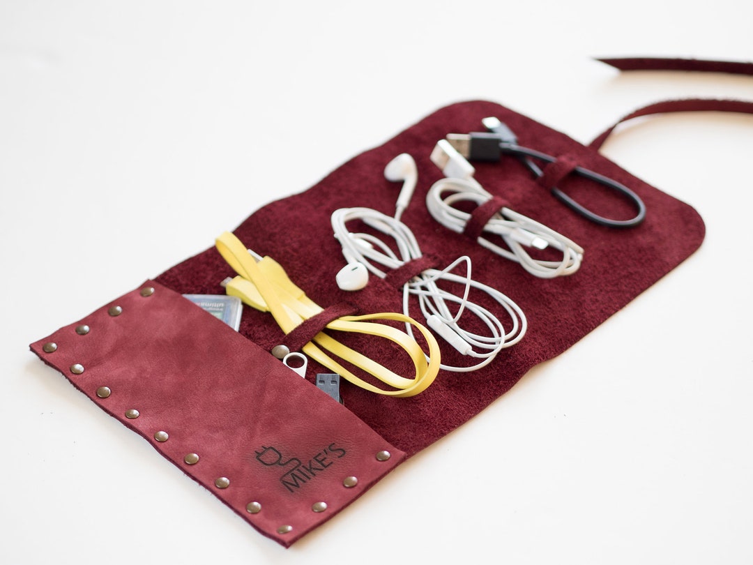 Leather Cable Organizer, Travel Charger Roll, Tech Cord Case, Custom ...