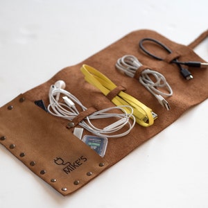 Leather Cable Organizer, Travel Charger Roll, Tech Cord Case, Custom ...