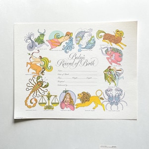 Zodiac Theme Baby Birth Certificate Poster 1970s Vintage Shower Gift - Etsy