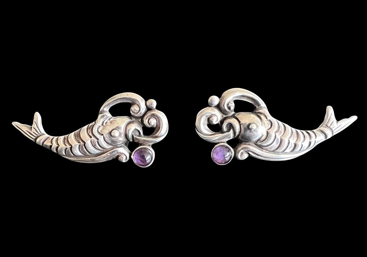 Margot De Taxco Mexico Sterling Silver Amethyst Koi Fish Earrings No ...