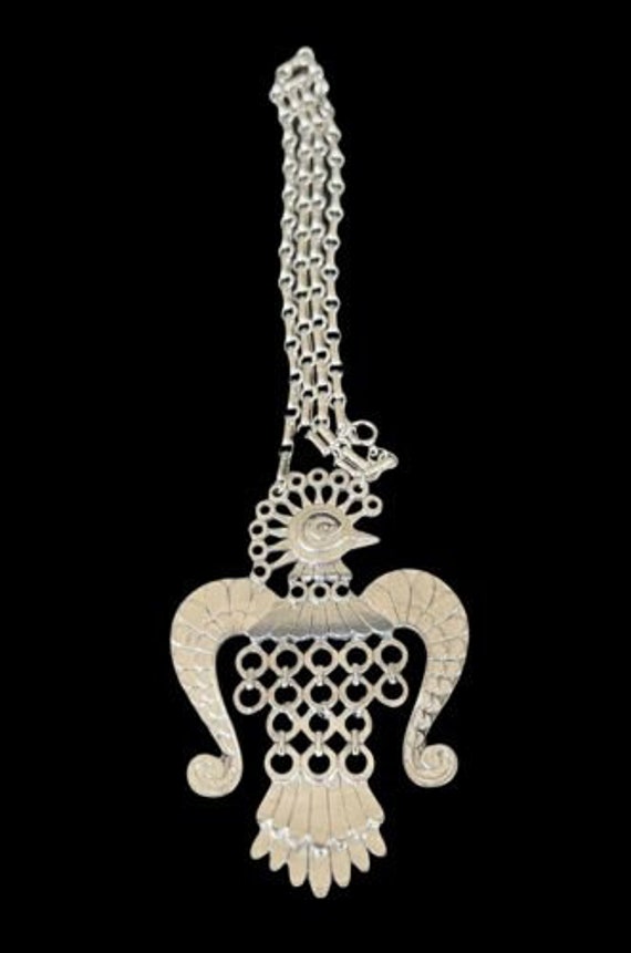 Coro Vintage Tribal Silver Aztec Bird Phoenix Necklac… - Gem