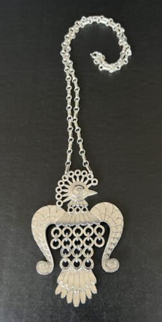 Coro Vintage Tribal Silver Aztec Bird Phoenix Necklac… - Gem