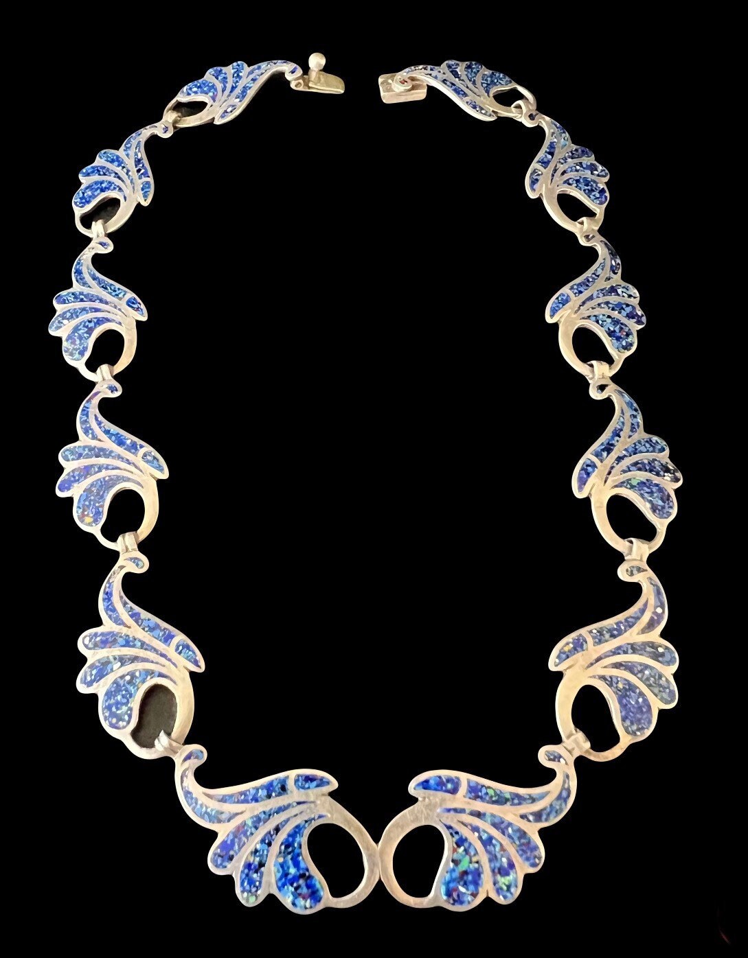 Margot De Taxco Mexican Sterling Silver Blue Melange Enamel Curved Leaf