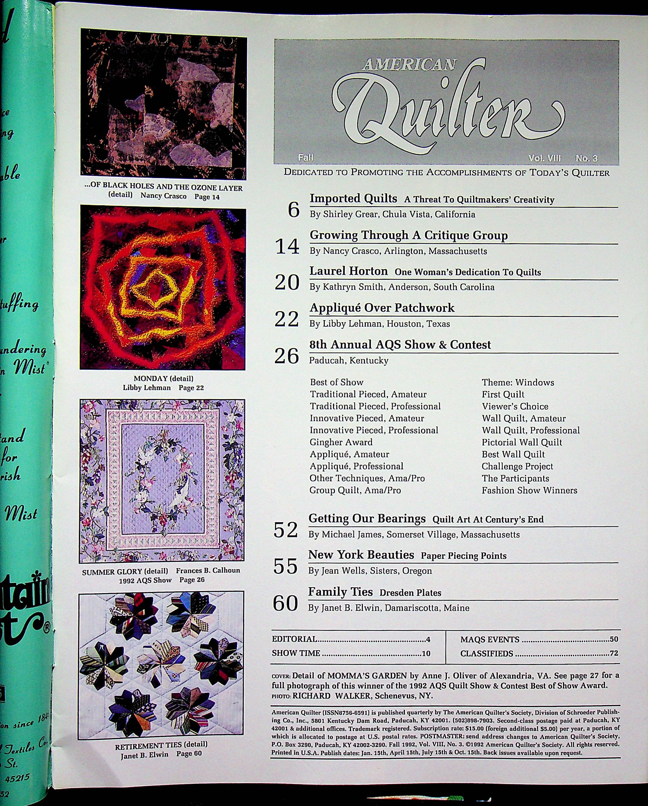 American Quilter Fall 1992 Applique Over Patchwork, New York Beauties ...