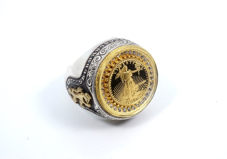 Coin Ring, Big Men Ring, Heavy Ring, Round Ring, 18K Gold 925 Silver ...
