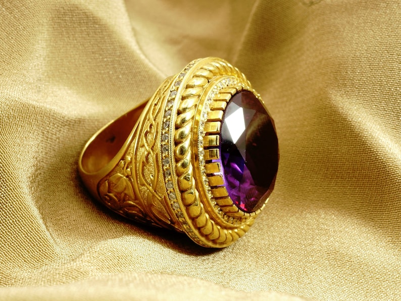 Gold Bishop Ring, Amethyst Ring, Round Men's Ring, Heavy Gold Ring, 14K ...