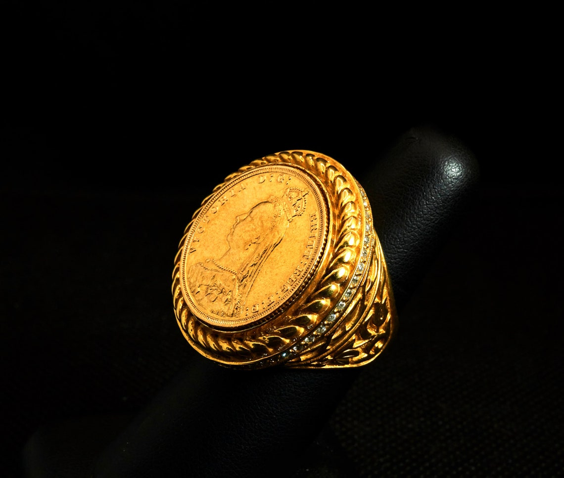 Coin Ring, Big Men's Ring, Heavy Ring, Round Ring, 14K Gold, Diamonds ...