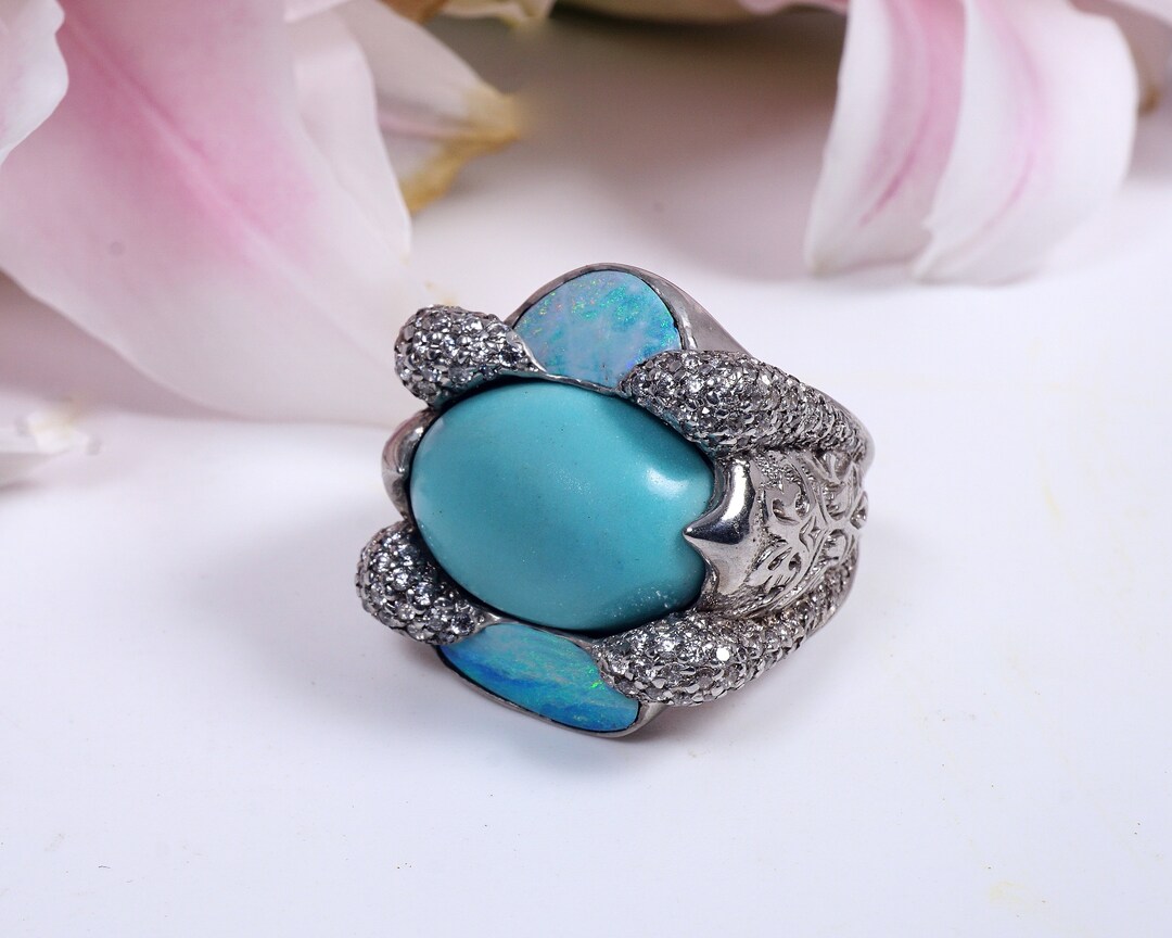 Oversize Ring 14K White Gold Ring Large Heavy Ring Turquoise Ring Art ...