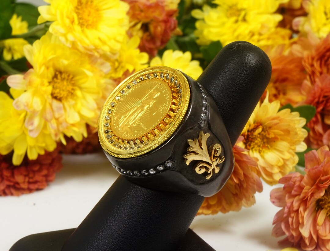 Coin Ring, Big Men Ring, Heavy Ring, Round Ring, 18K Gold 925 Silver ...