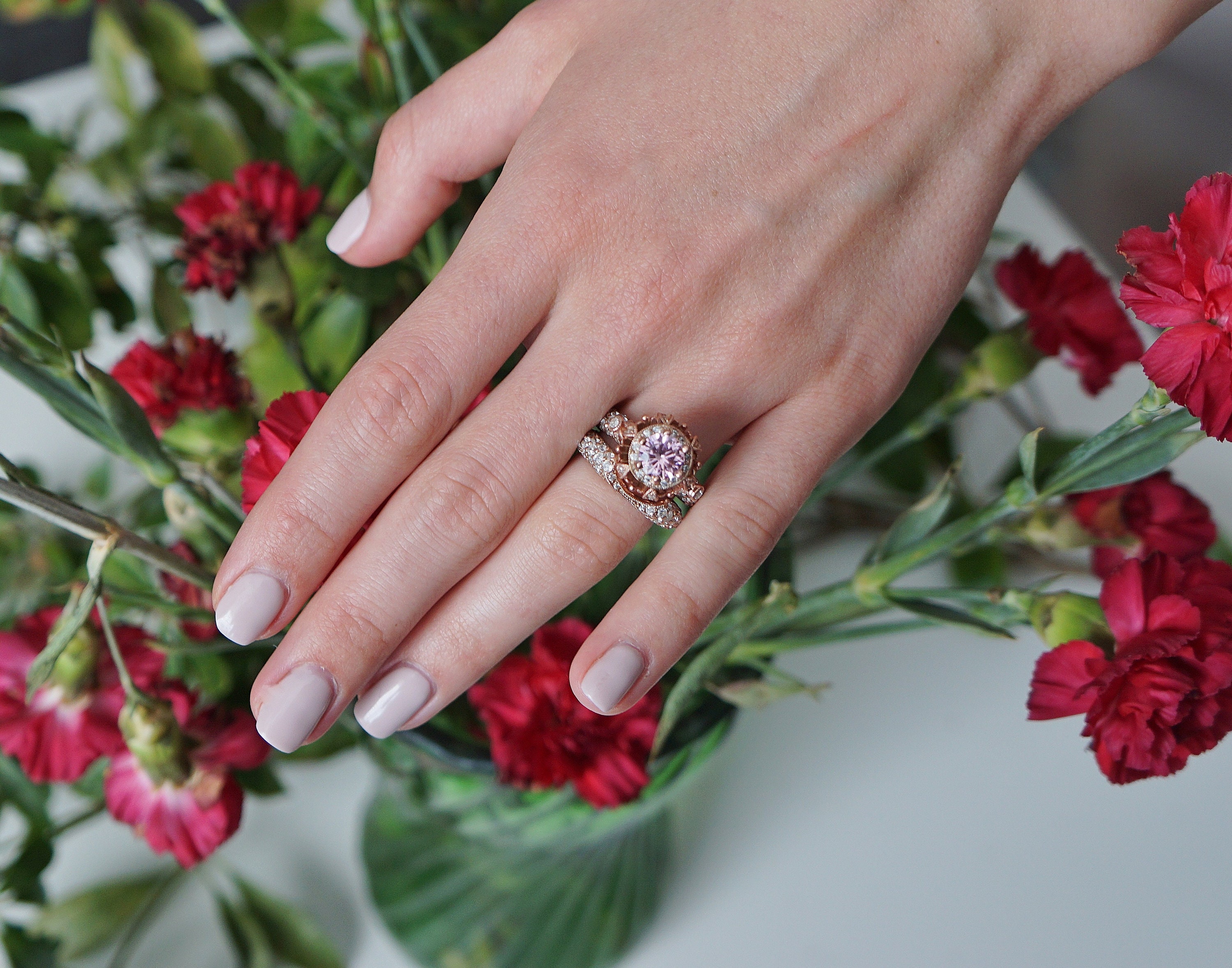 Rose Gold Wedding Set Morganite Wedding Set Art Deco Wedding Set ...