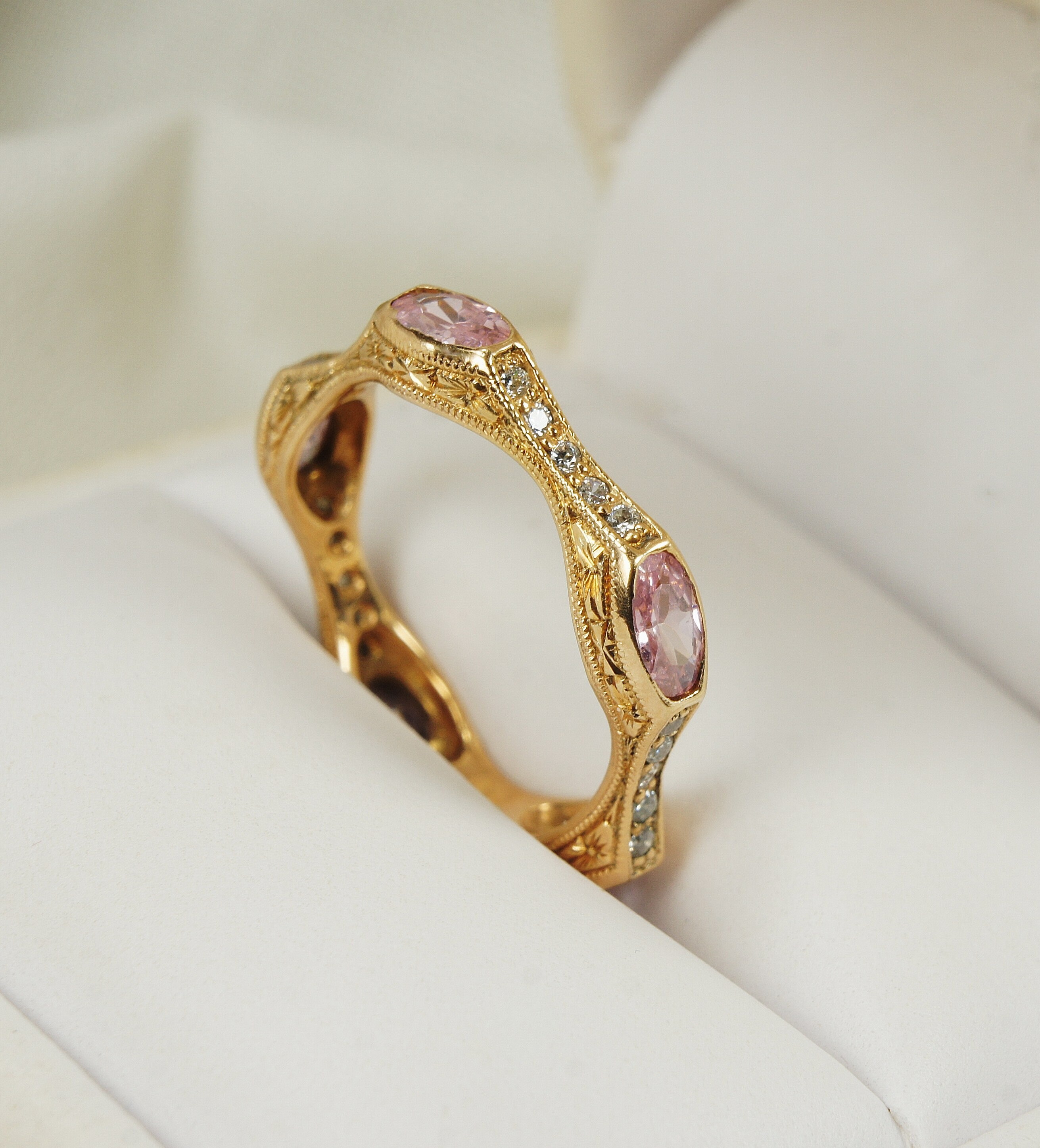 Pink Sapphire Band Ring - Art Deco Band Ring - Hand Engraved Band Ring ...
