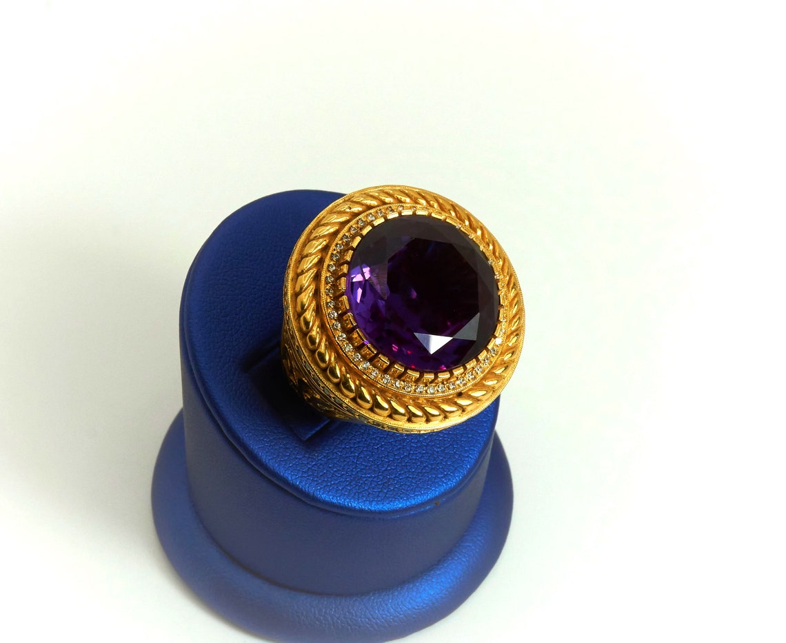 Bishop Ring With Amethyst and Diamonds Gold Amethyst - Etsy