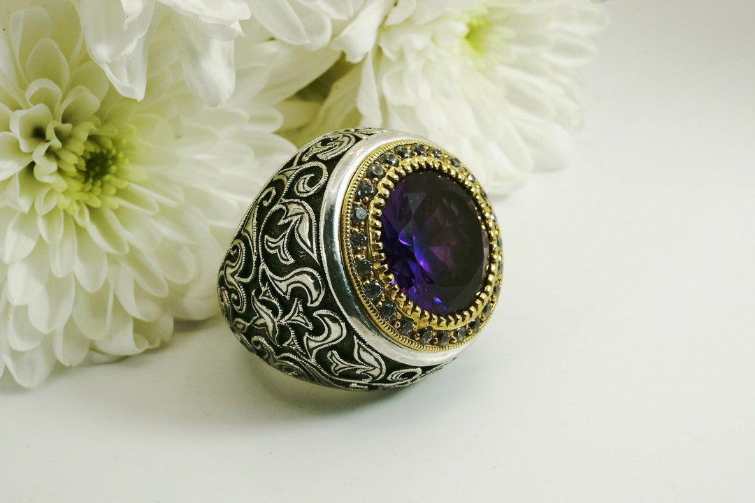 Bishop Ring, Big Men's Ring, Round Ring, Big Amethyst Ring, Diamonds ...