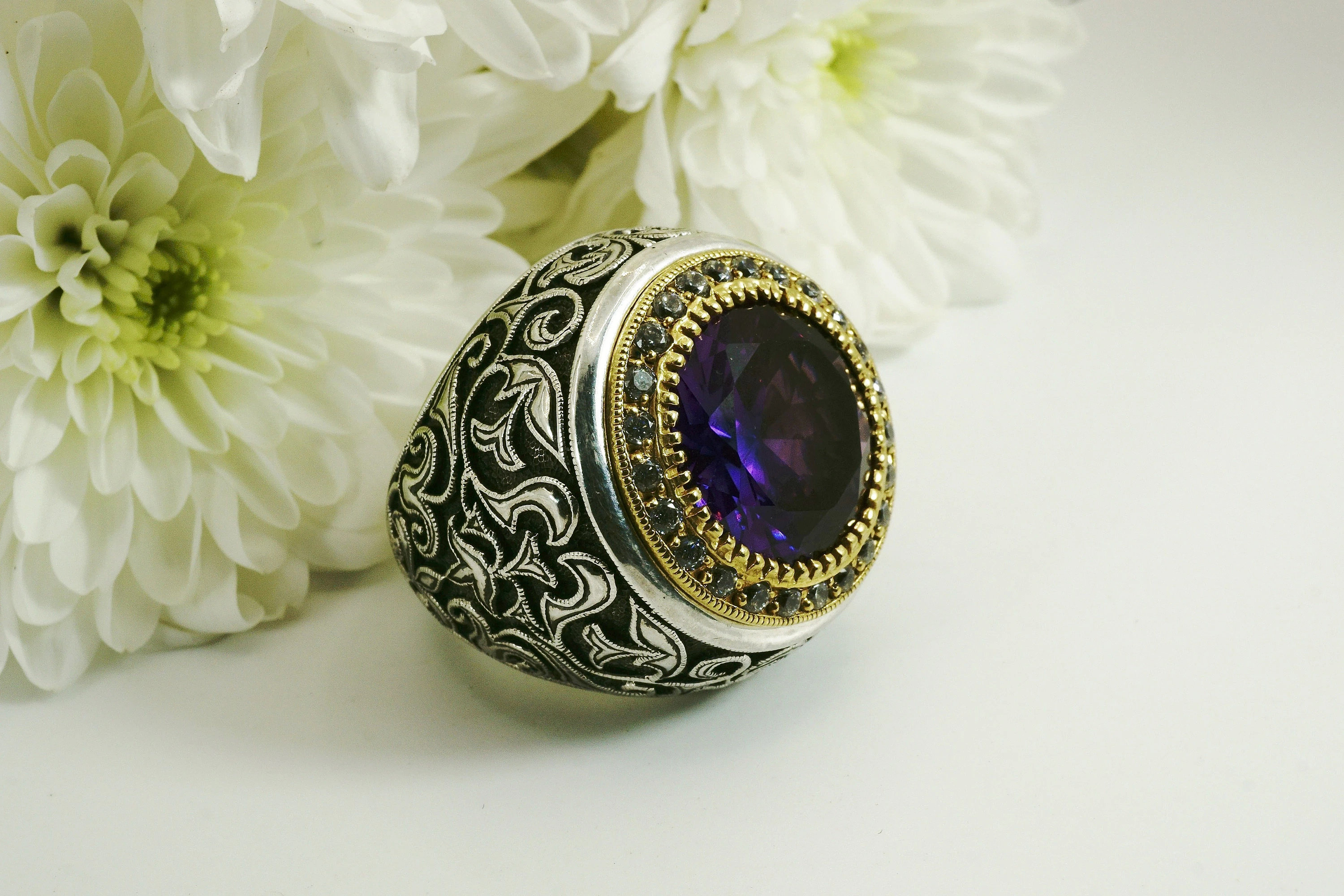 Bishop Ring, Big Men's Ring, Round Ring, Big Amethyst Ring, Diamonds ...
