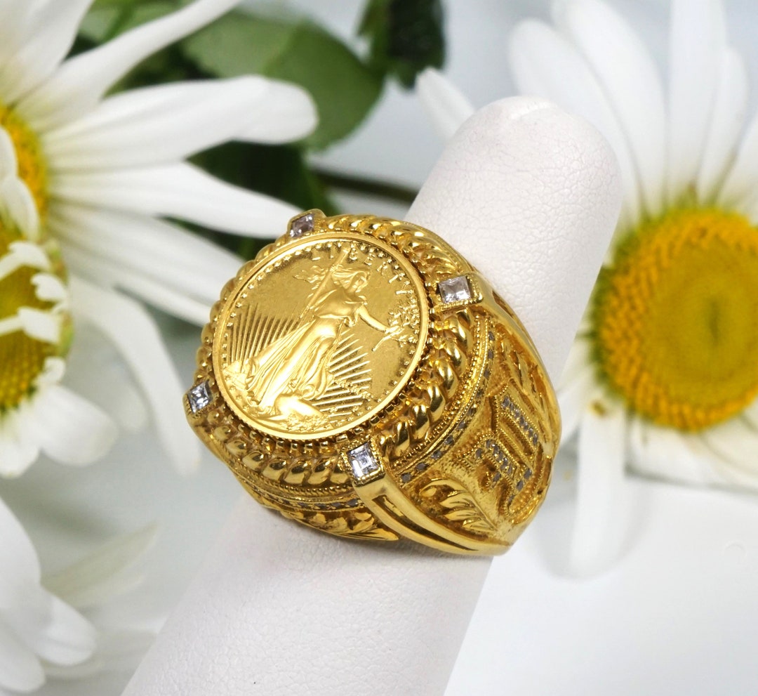Coin Ring, Big Unisex Ring, Heavy Ring, Round Ring, 14K Gold, Diamonds ...