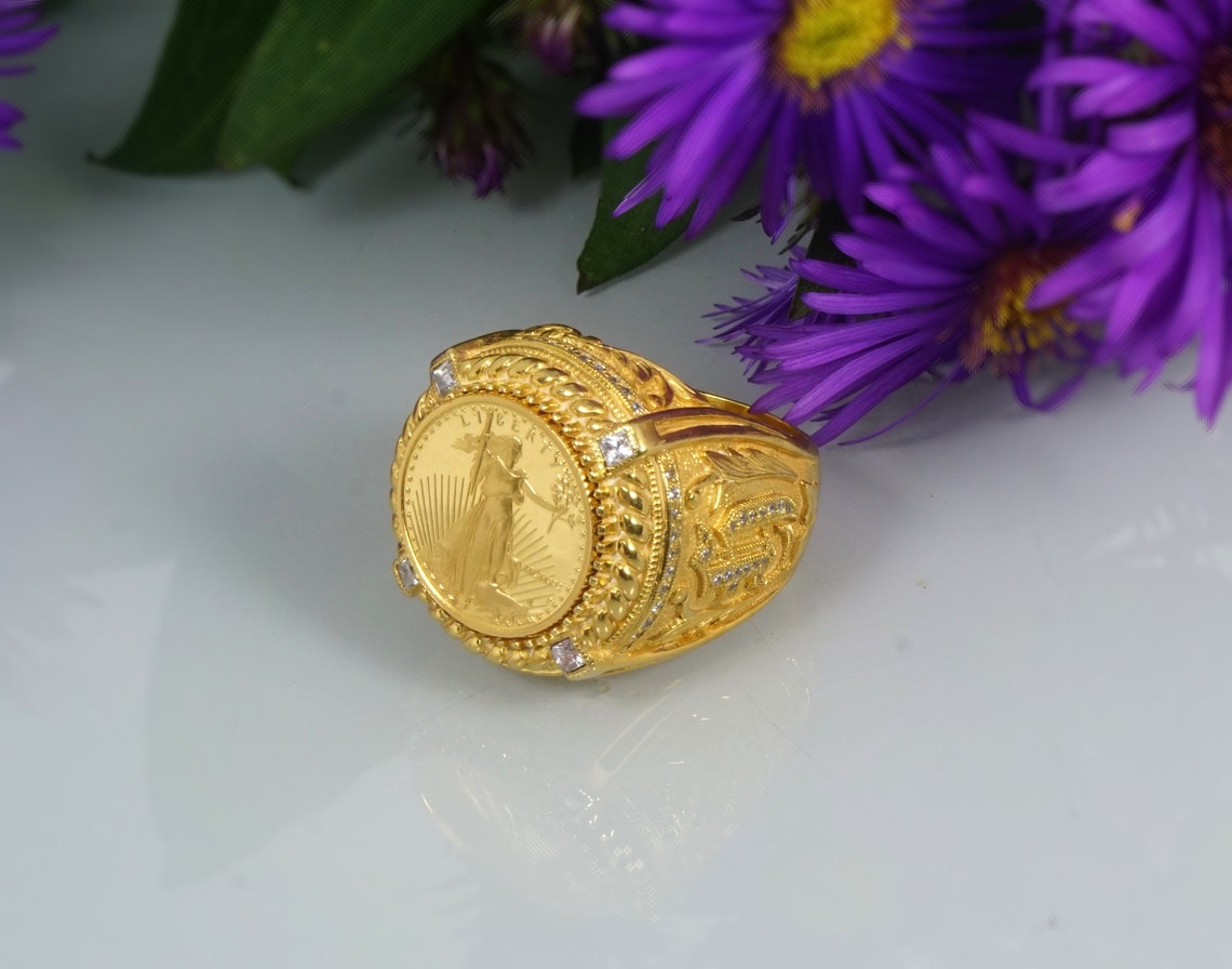 Coin Ring, Big Unisex Ring, Heavy Ring, Round Ring, 14K Gold, Diamonds ...