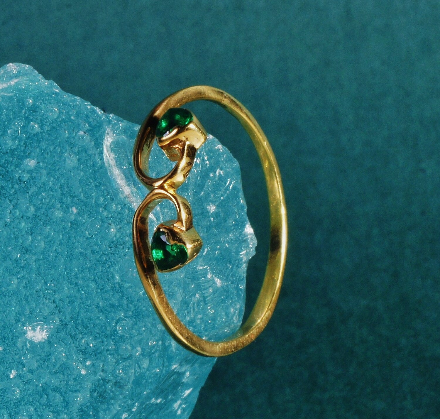 Stocking Ring - 14K Gold Small Ring - Two Stones - Thin Ring - Emerald ...