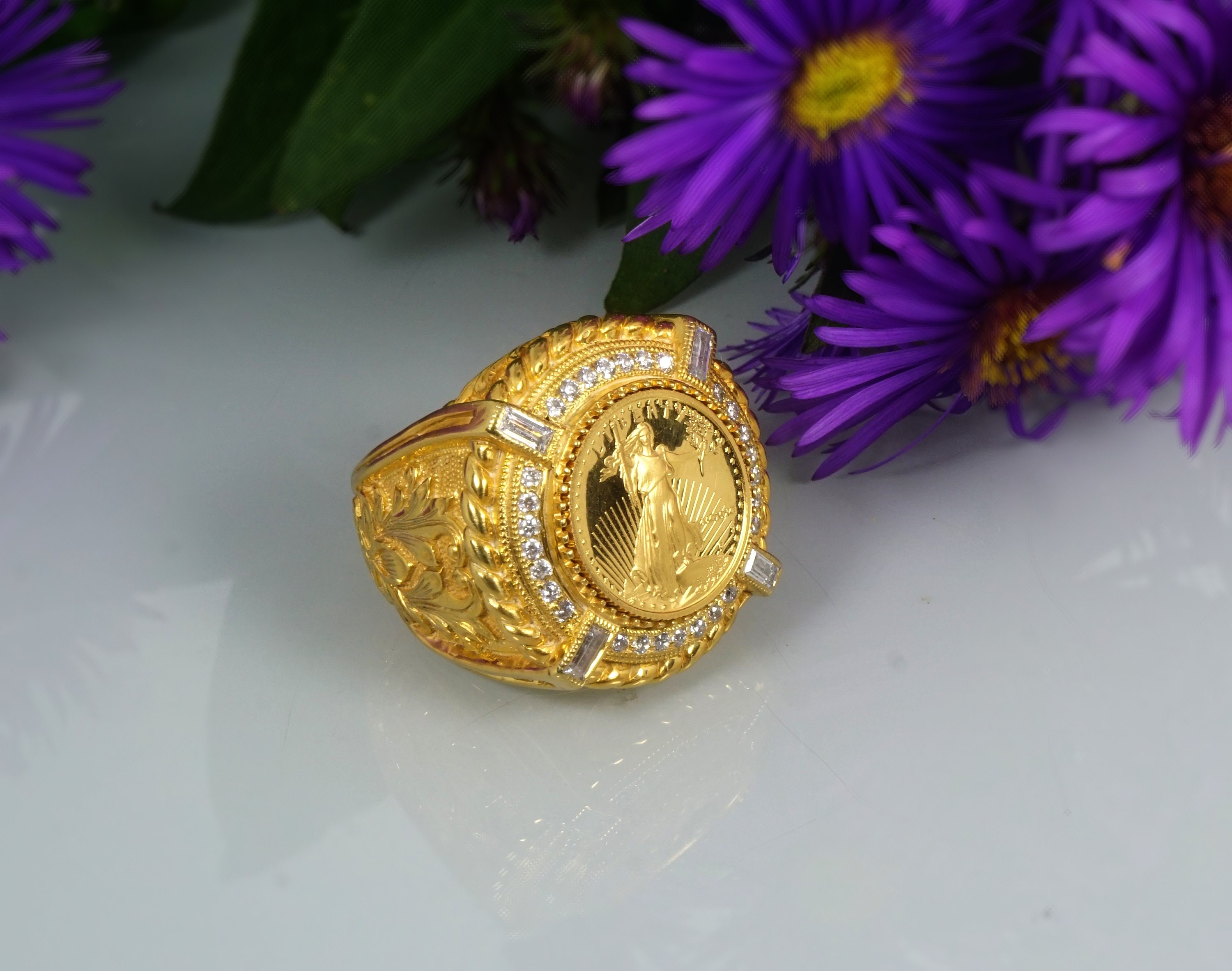 Coin Ring, Big Man Ring, Heavy Ring, Round Ring, 14K Gold, Diamonds ...