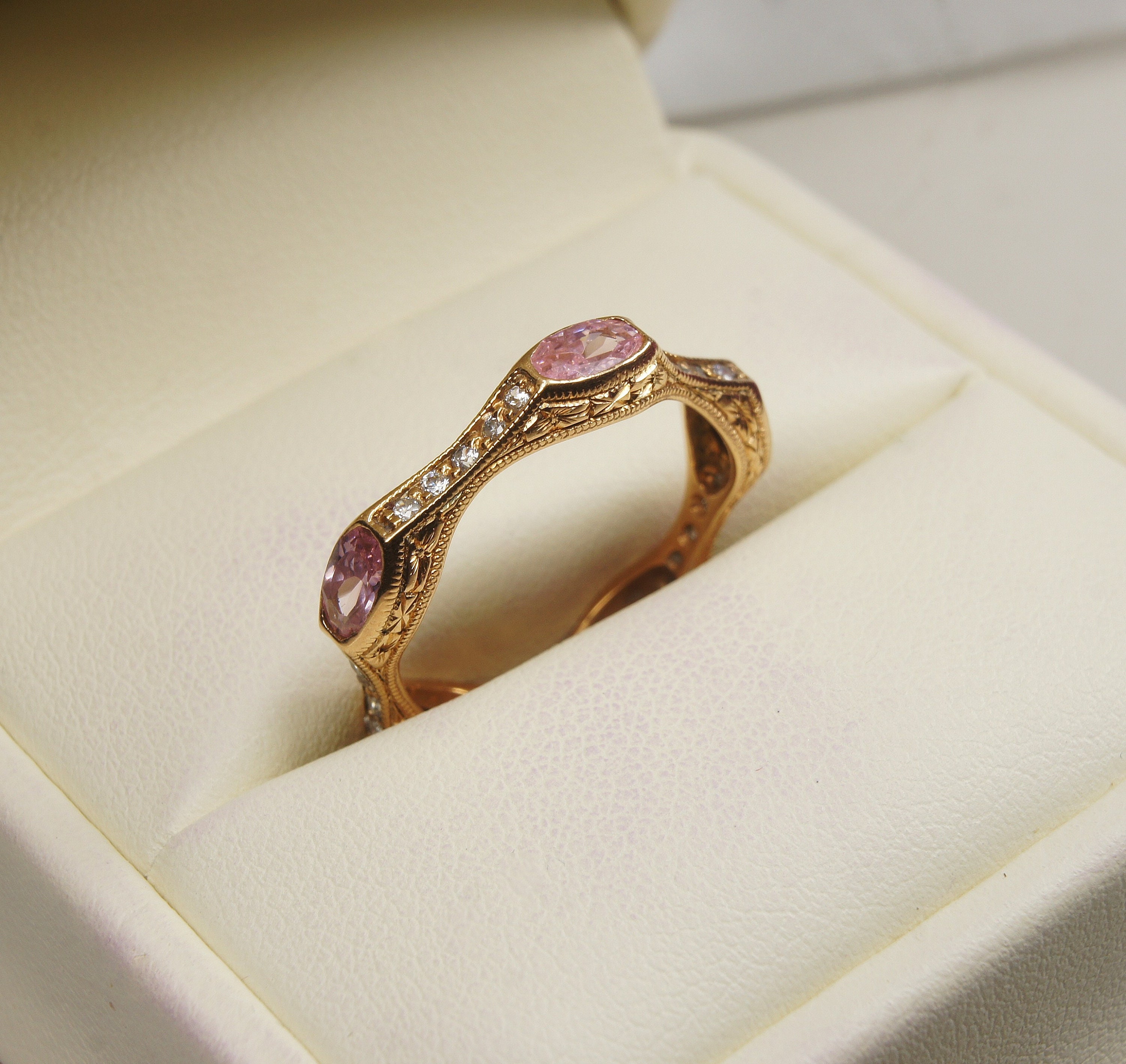 Pink Sapphire Band Ring - Art Deco Band Ring - Hand Engraved Band Ring ...