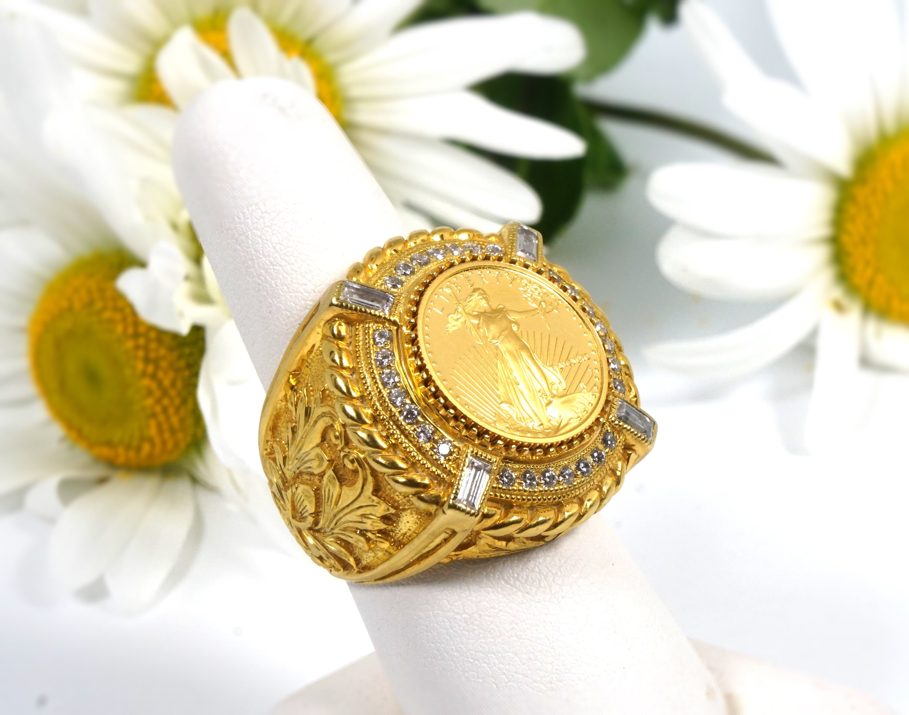 Coin Ring, Big Man Ring, Heavy Ring, Round Ring, 14K Gold, Diamonds ...