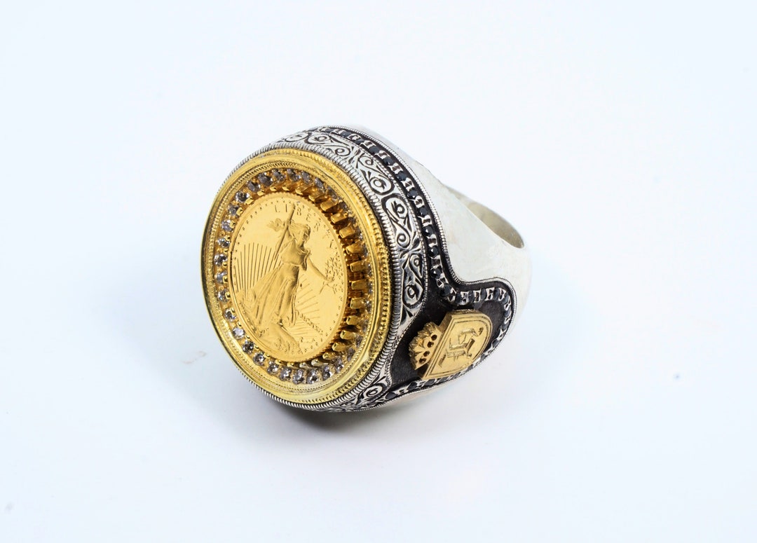 Coin Ring, Big Men Ring, Heavy Ring, Round Ring, 18K Gold 925 Silver ...
