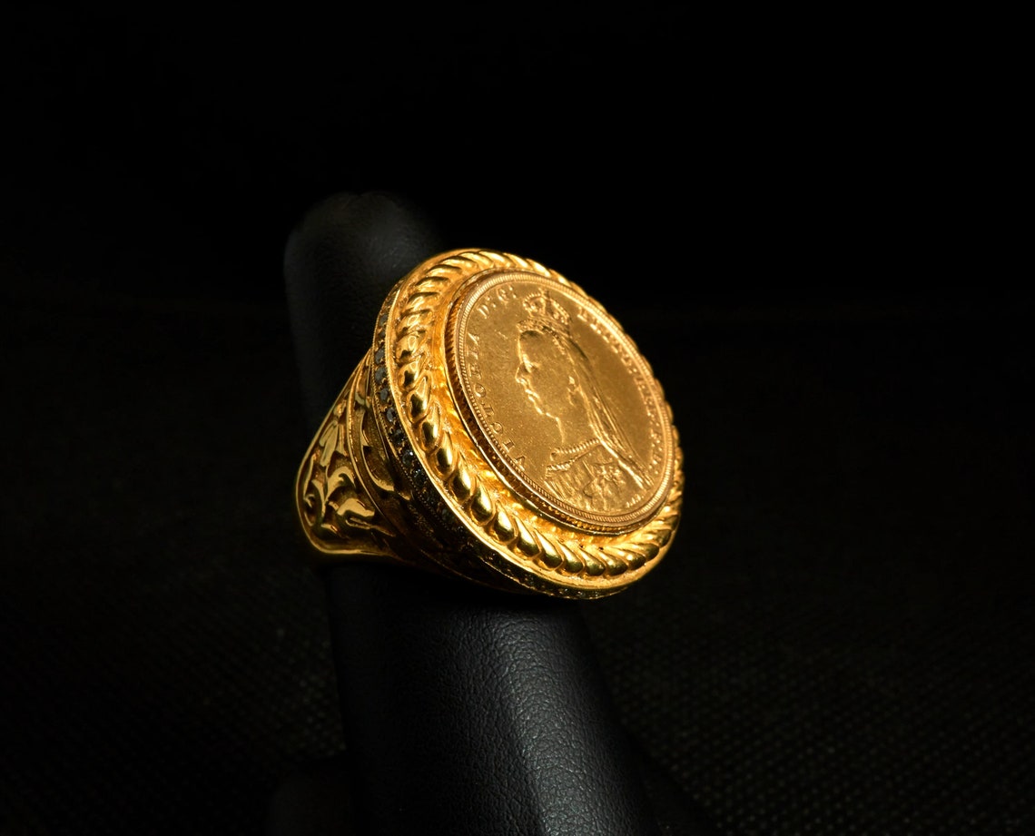Coin Ring, Big Men's Ring, Heavy Ring, Round Ring, 14K Gold, Diamonds ...