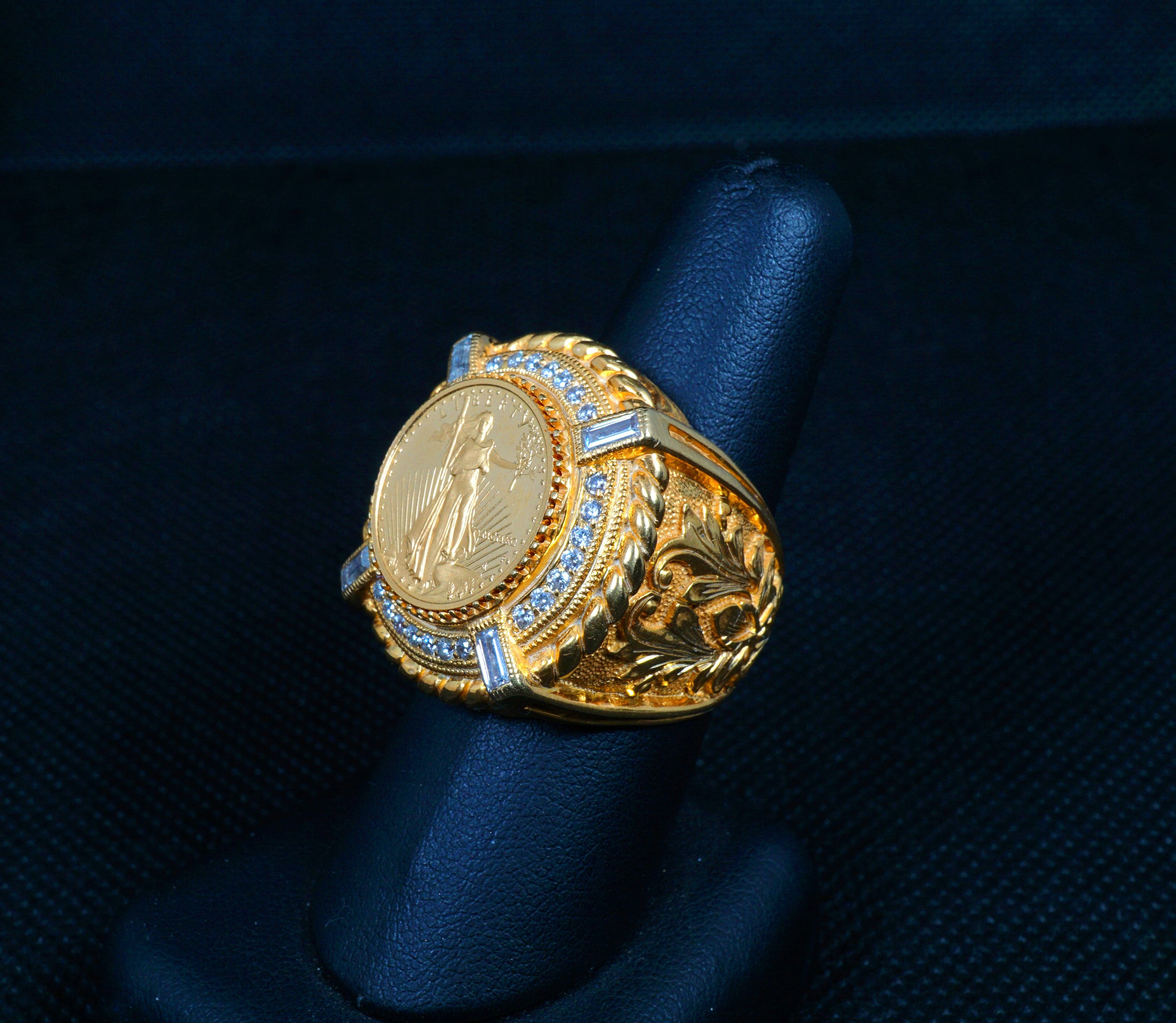 Coin Ring, Big Man Ring, Heavy Ring, Round Ring, 14K Gold, Diamonds ...