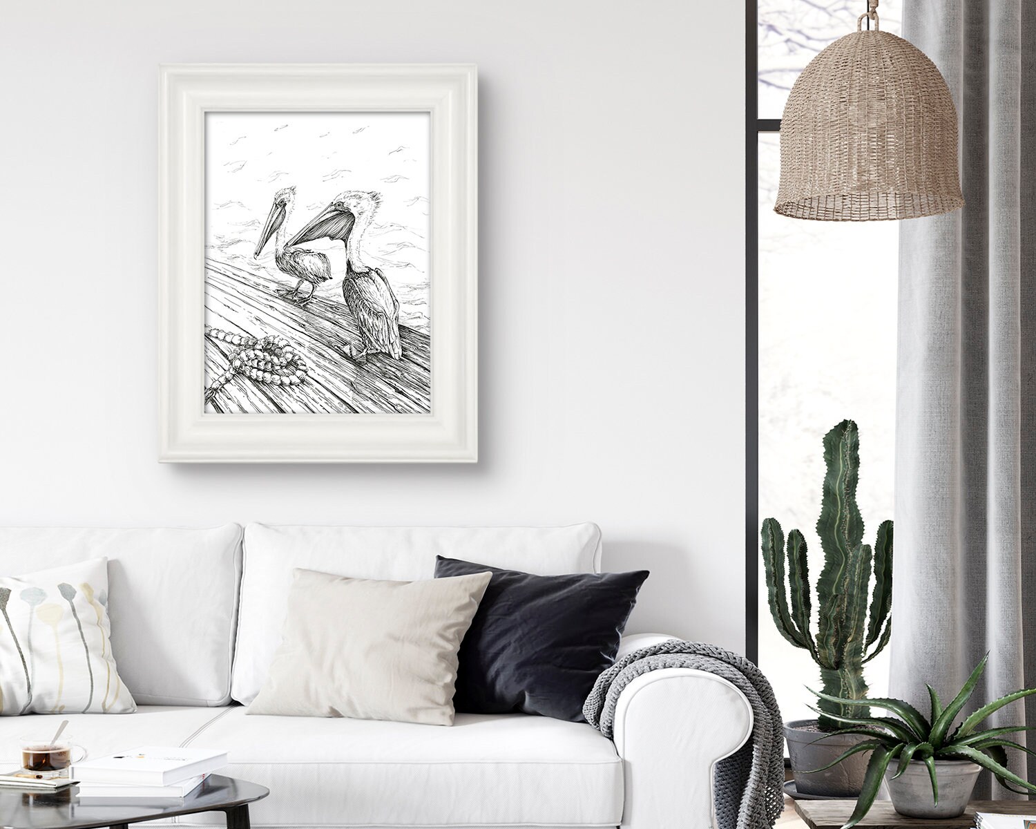 Pelican Ink Art, Original Artwork, Boardwalk Drawing, Nautical Decor ...