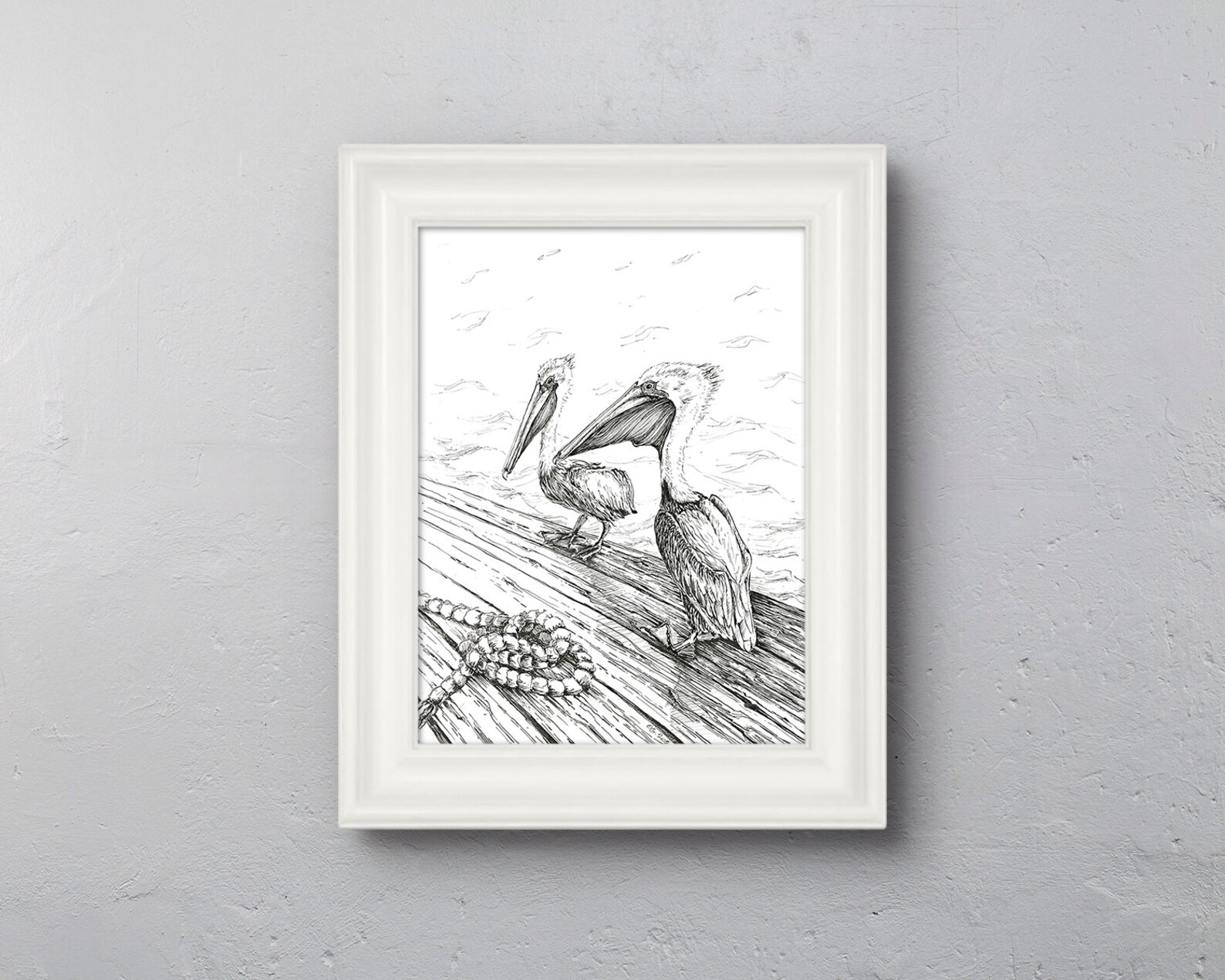 Pelican Ink Art, Original Artwork, Boardwalk Drawing, Nautical Decor ...