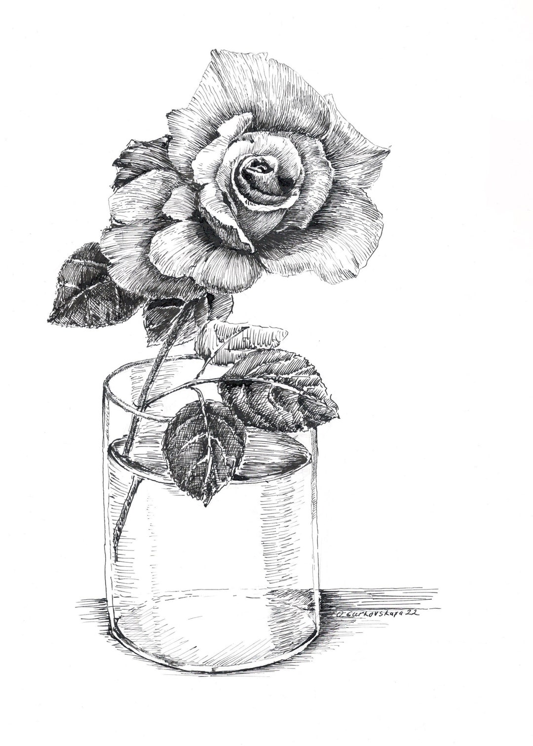 Black and White Rose Drawing, Pen and Ink Sketch Flowers, Floral Prints ...