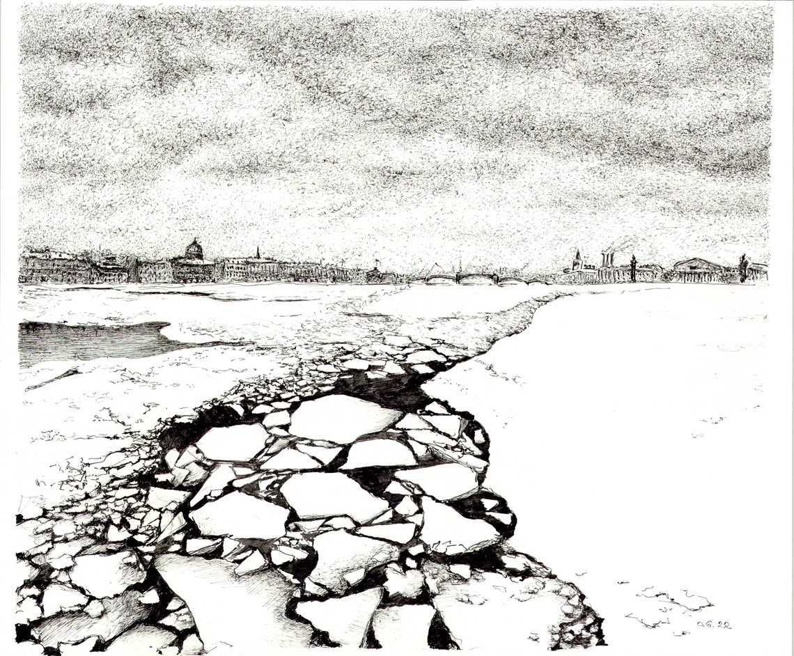 Original Artwork, City Pen and Ink, Winter Black White, Drawing of Neva ...