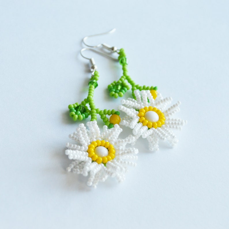 Beaded Earrings Daisy Beadwork Earrings Flower Jewelry Seed - Etsy