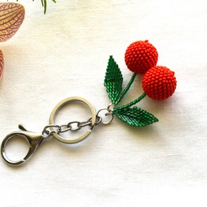 Beaded Cherry Keychain Pom Pom Keychain Red Keychain for Women Purses ...