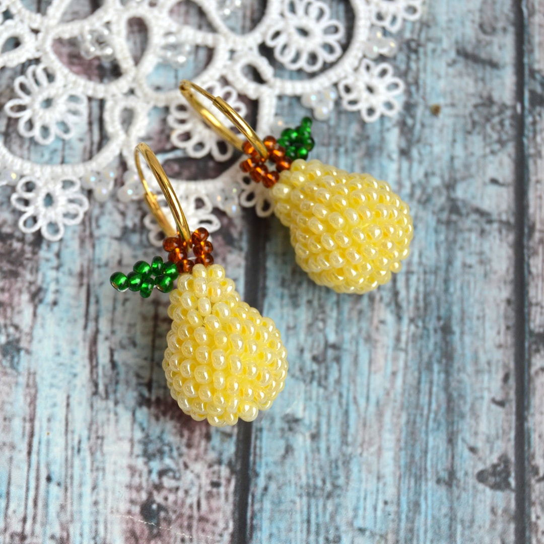 Beaded Yellow Pear Earrings Beads Fruit Jewelry Funny Golden Hoops ...