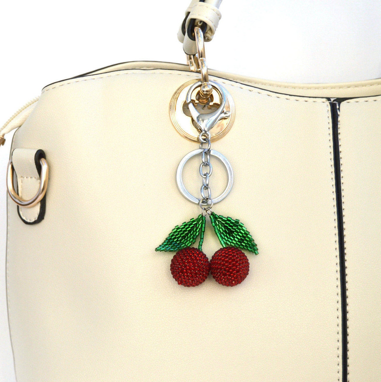 Beaded Cherry keychain Pom pom Keychain Red keychain for women | Etsy