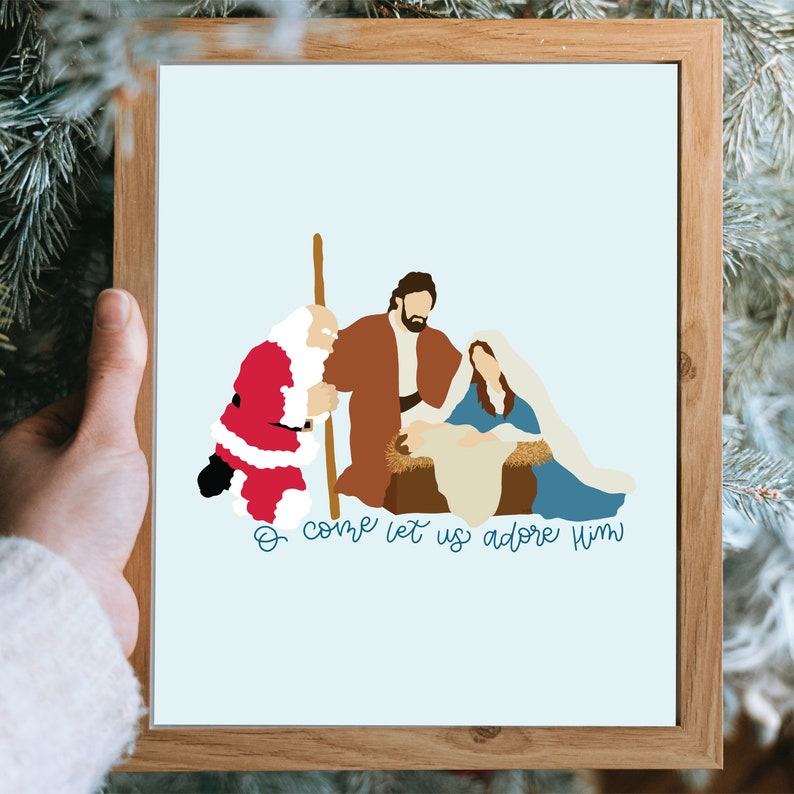 Santa Kneeling at the Manger Portrait - Etsy