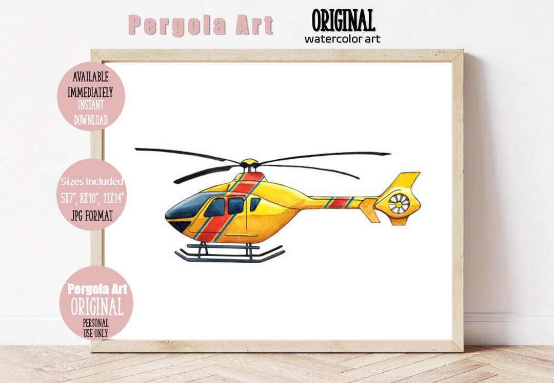 Helicopter Art, Watercolor Helicopter Print, Vehicle Art for Kids ...