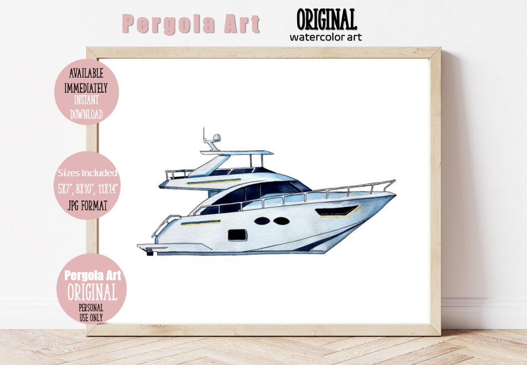 Yacht Boat Art, Watercolor Yacht Print, Vehicle Art for Kids, Printable ...