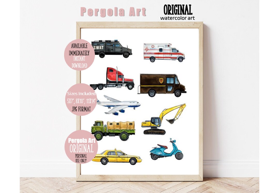 Transportation Art, Watercolor Truck Art, Vehicle Art for Kids ...
