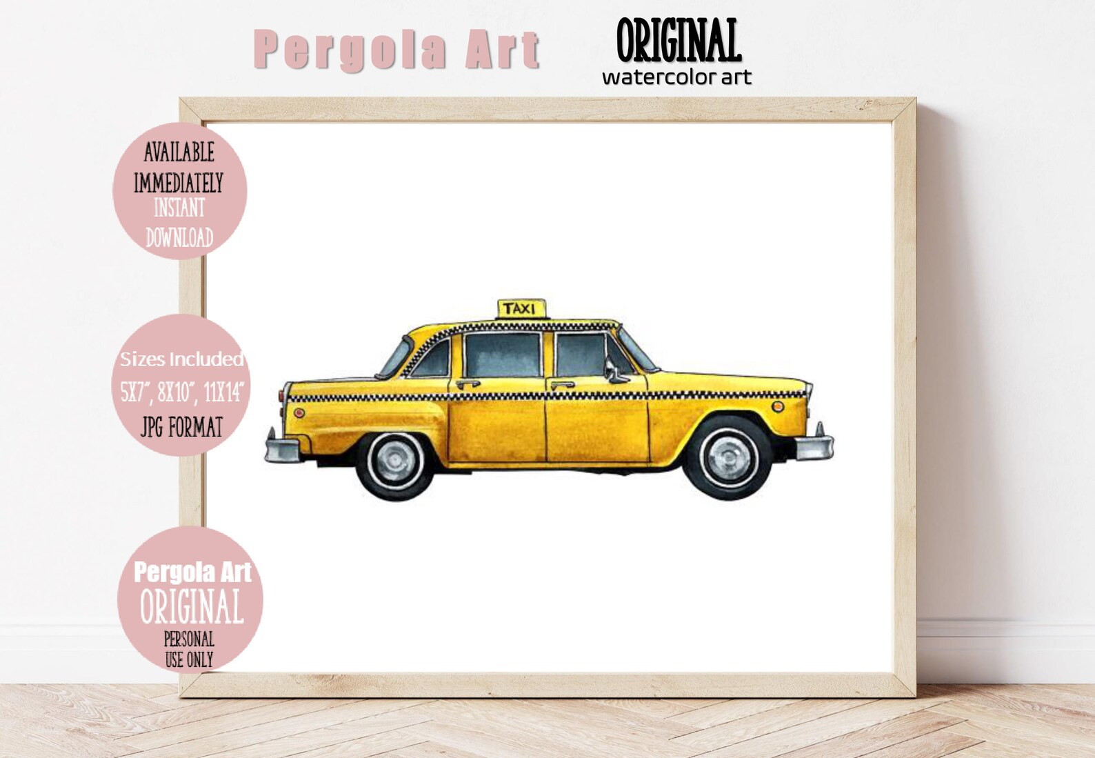 Vintage Yellow Taxi Art Watercolor Vintage Taxi Cab Print - Etsy
