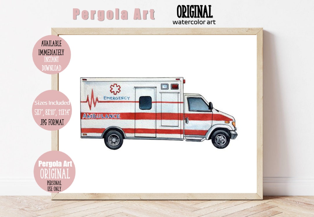 Ambulance Art, Watercolor Ambulance Print, Vehicle Art for Kids ...