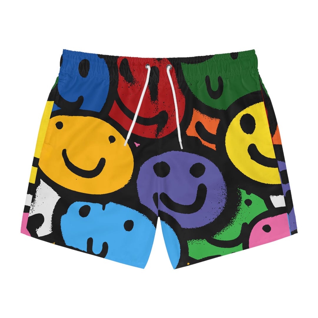 Graffiti Smiley Print Swim Trunks, Beach Shorts, Vacation Clothing ...