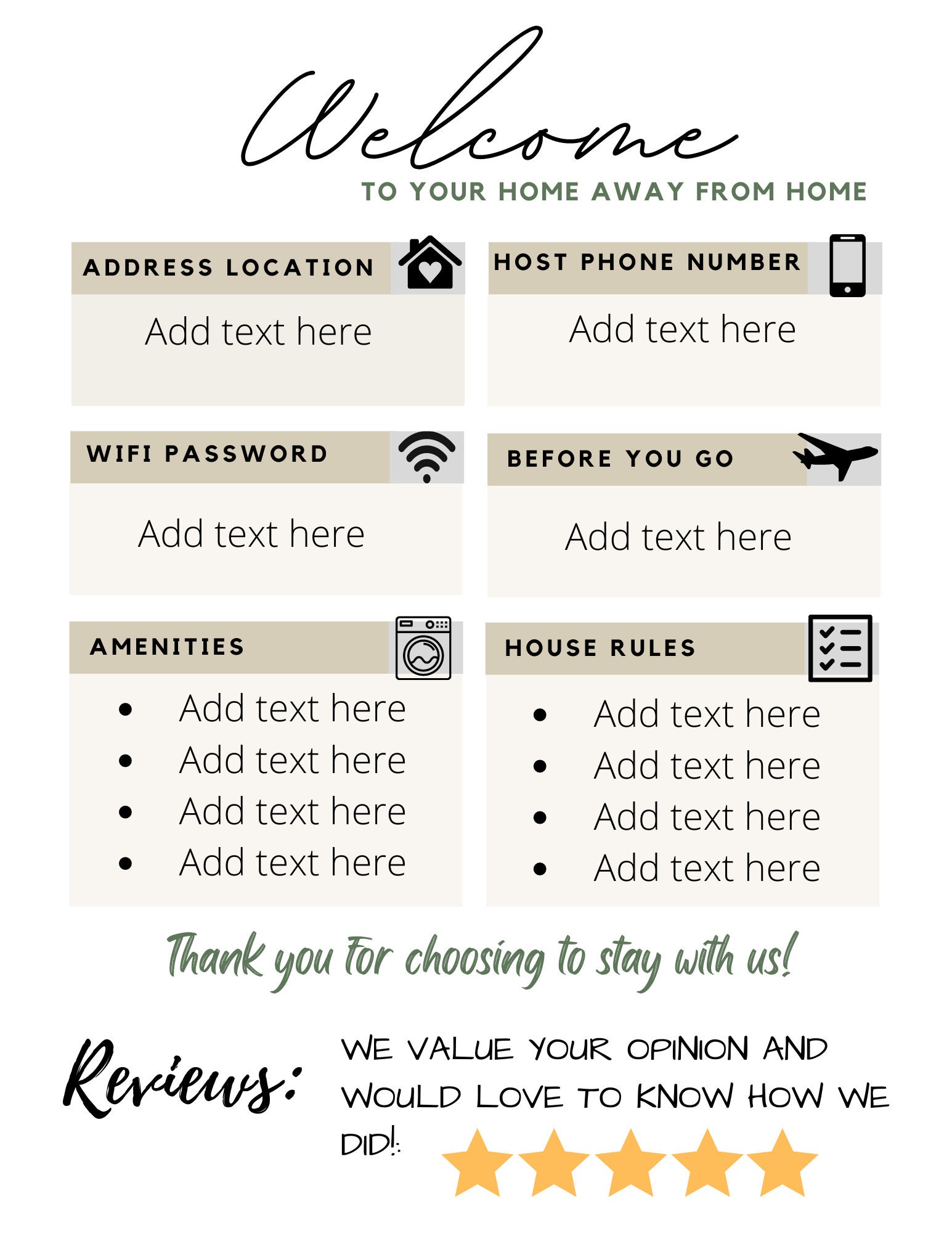 Printable Welcome Info for Airbnbs and Vacation Rentals, Editable ...
