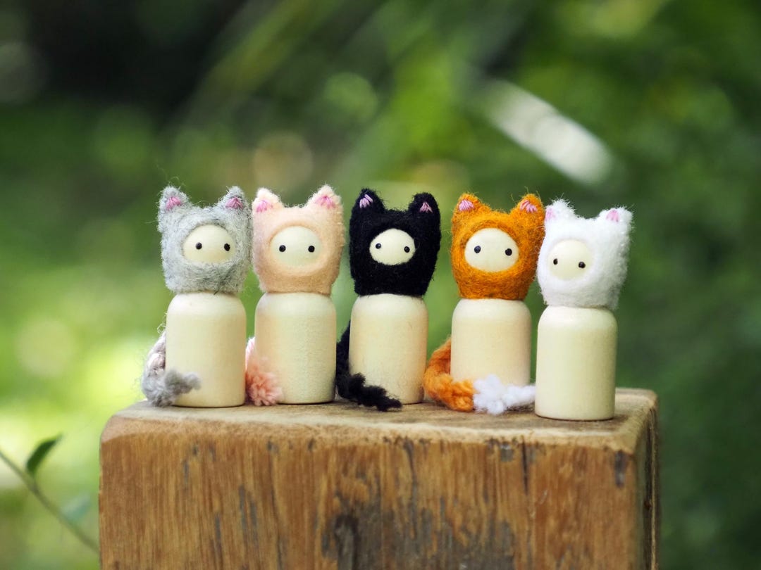 Tiny Cat Peg Doll, Choice of 5 Colours, Wood and Wool Felt Cat ...