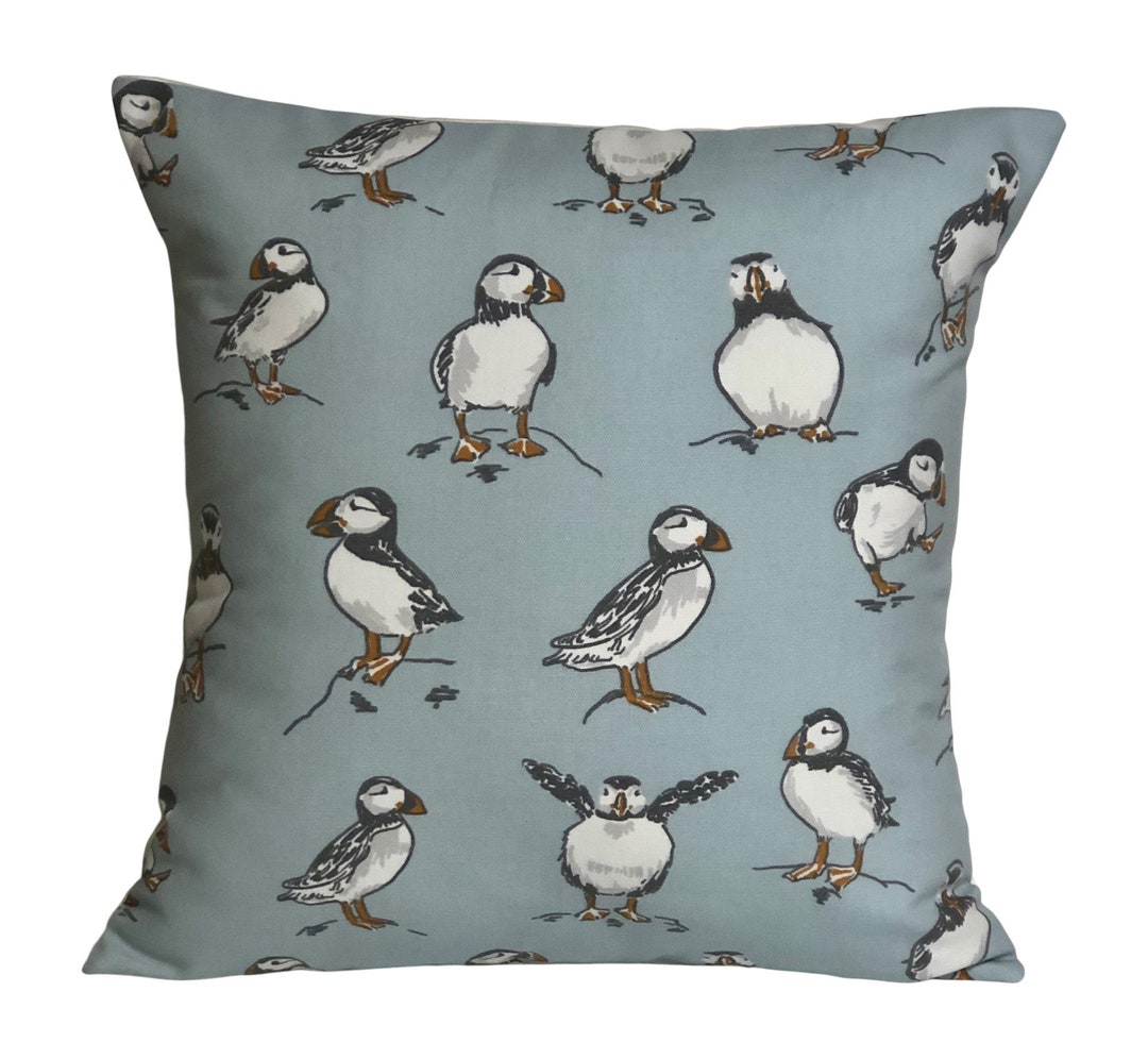 Atlantic Puffin Cushion Cover: Duck Egg Blue Cotton Pillow Throw ...