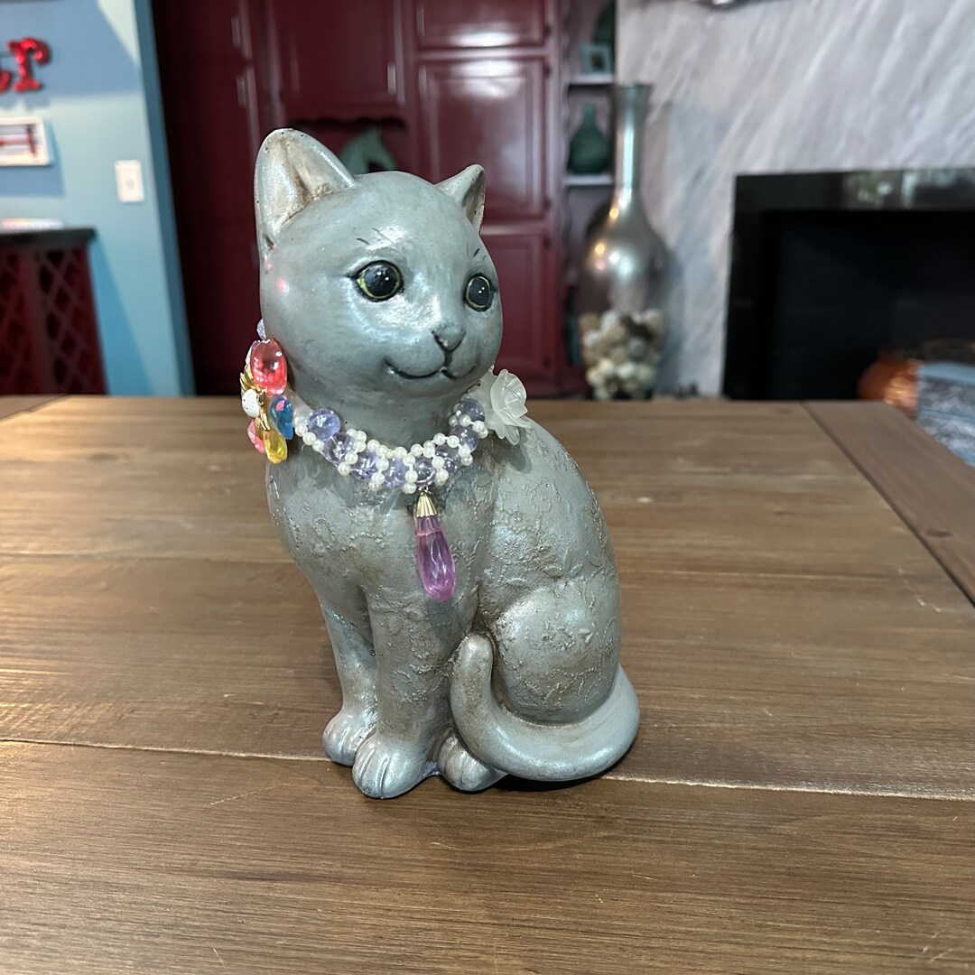 Hand Painted Concrete Cat Statue With Vintage Jewelry, Kitten Figurine ...