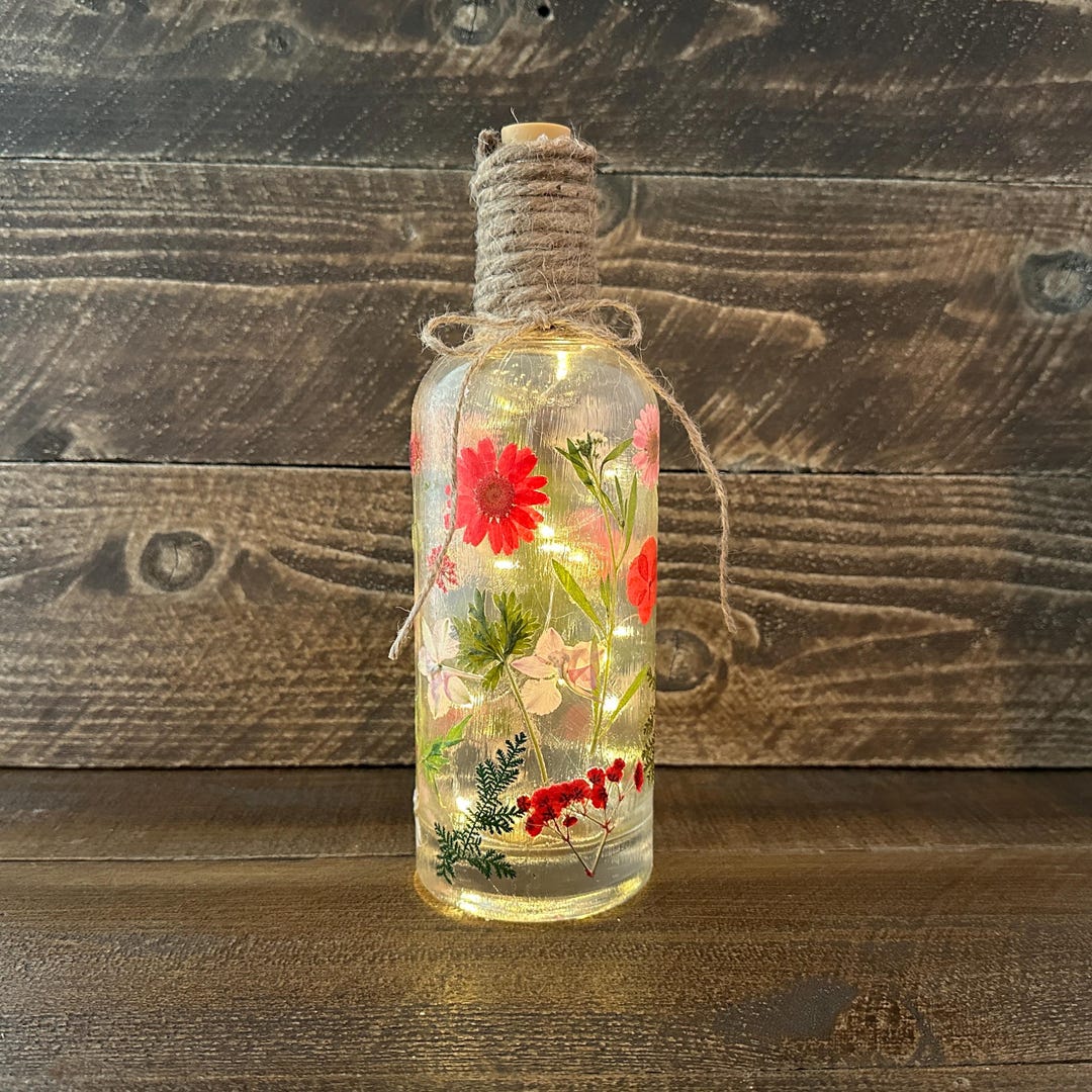 Glass Lighted Bottle With Dried Flowers, Decorative Night Light ...