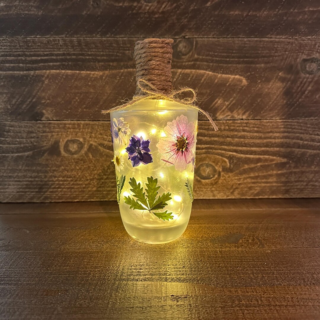 Glass Lighted Bottle With Dried Flowers, Decorative Night Light ...
